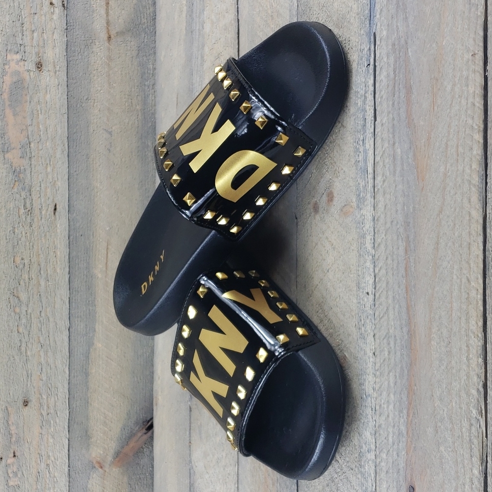 Dkny Logo Band Slides Sandals Black Gold New - Gem